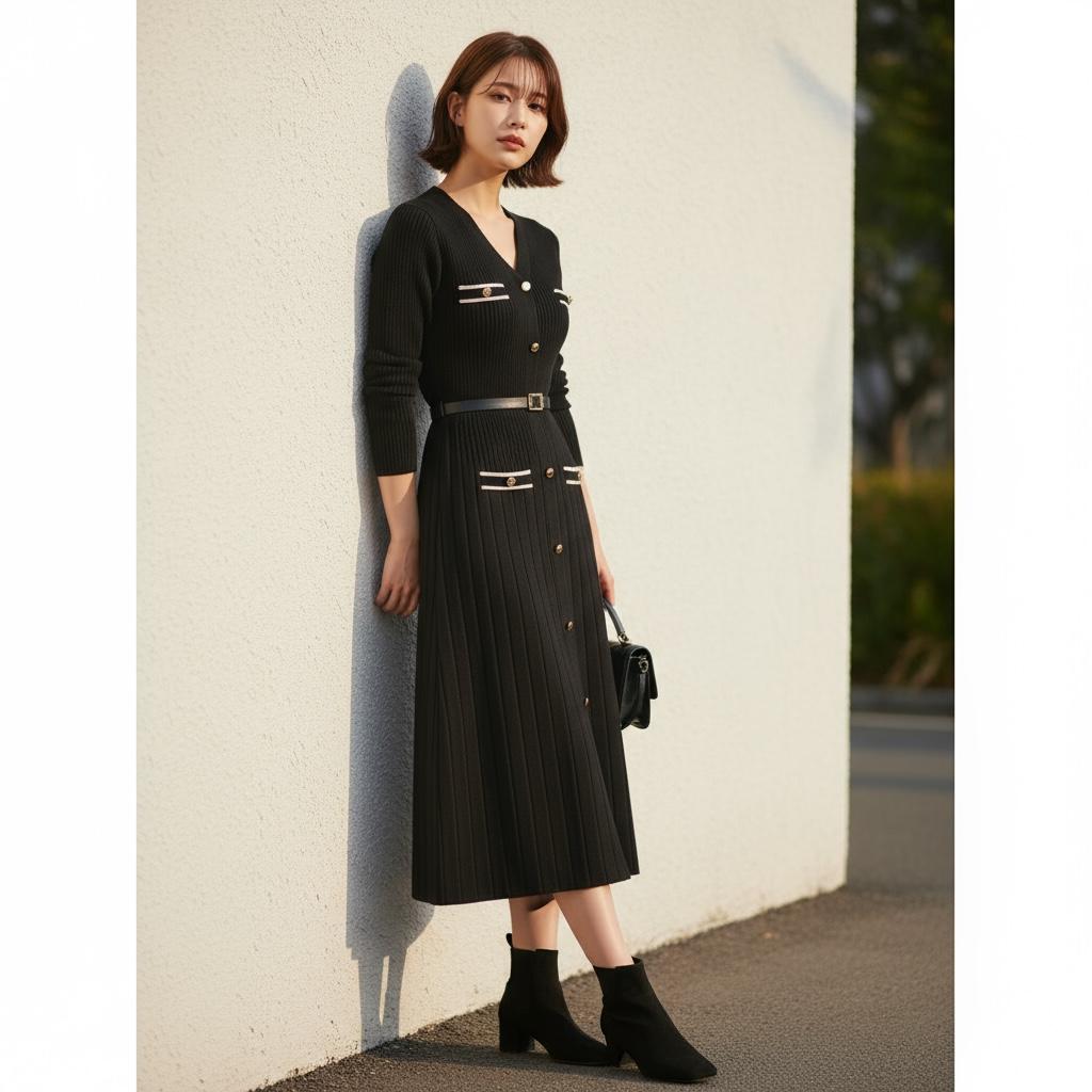 Chic & Sophisticated Ribbed Knit A-Line Midi Dress - Beautiful You Closet